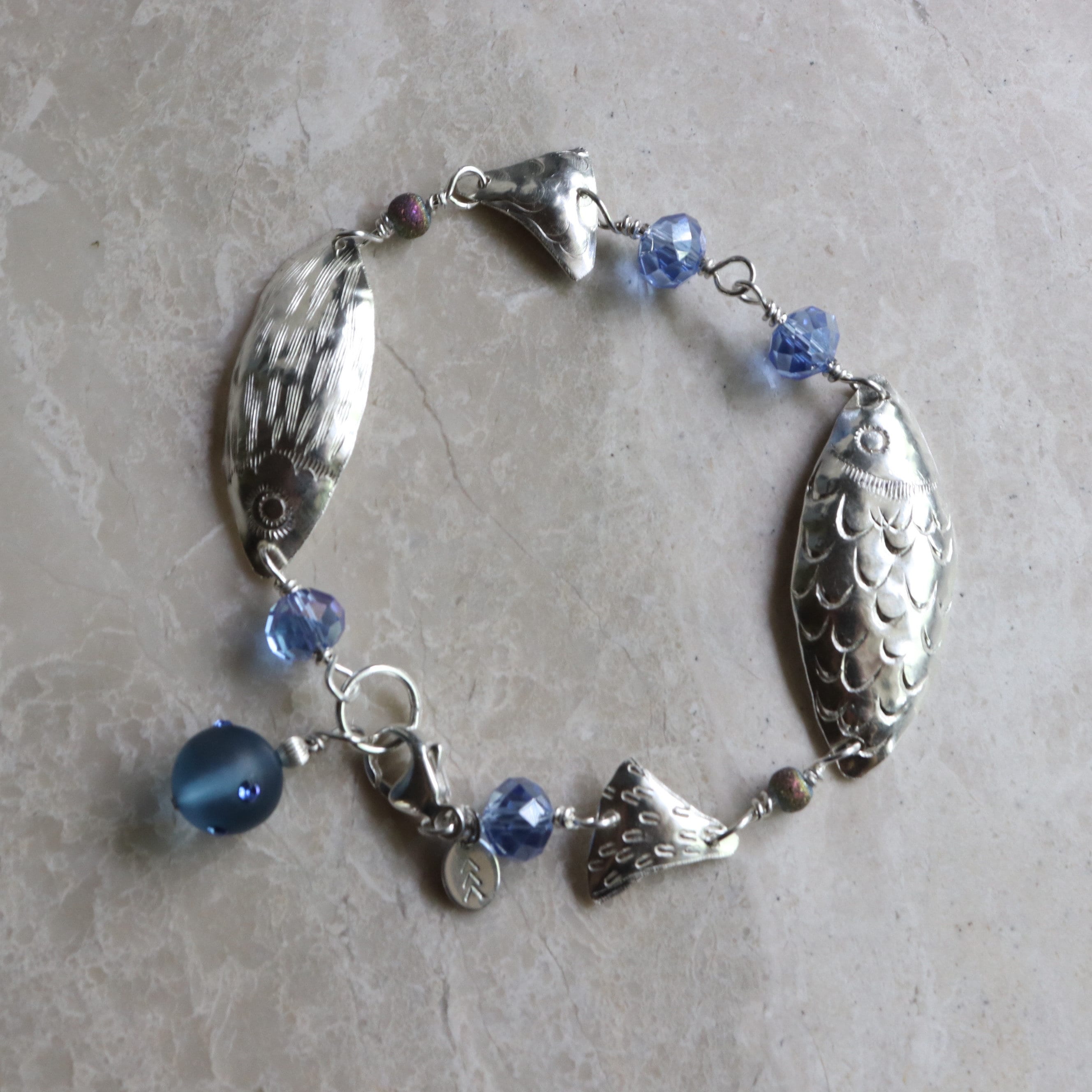 Sterling Silver Fish Bracelet Blue Bead Silver Bracelet - Etsy