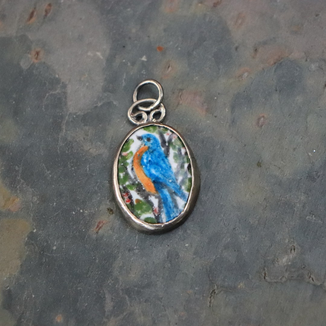 Hand Painted Bluebird Enamel Necklace, Sterling Silver Pendant - Etsy