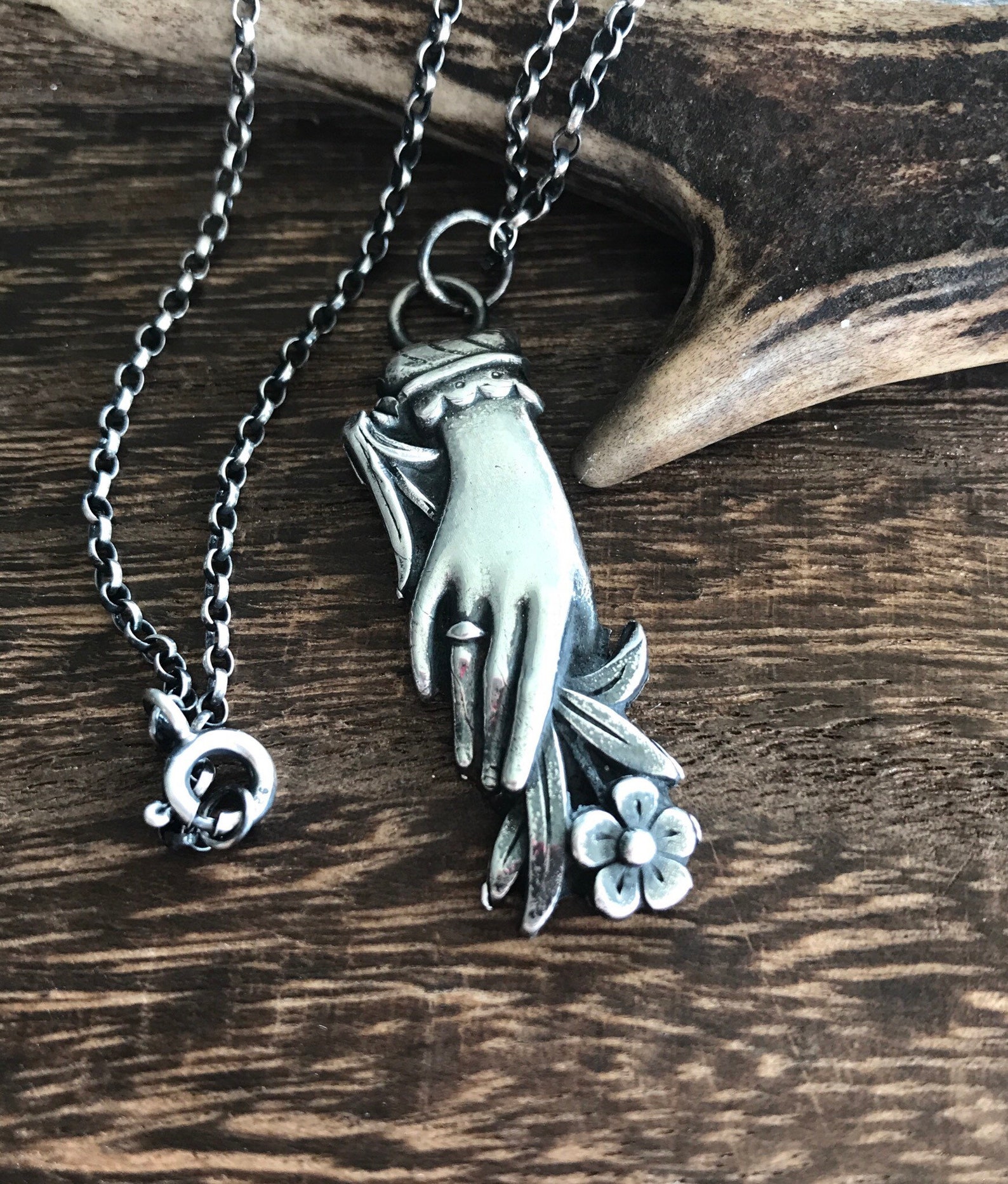 Silver Hand Pendant. Victorian Memento Mori With Forget Me Not - Etsy UK