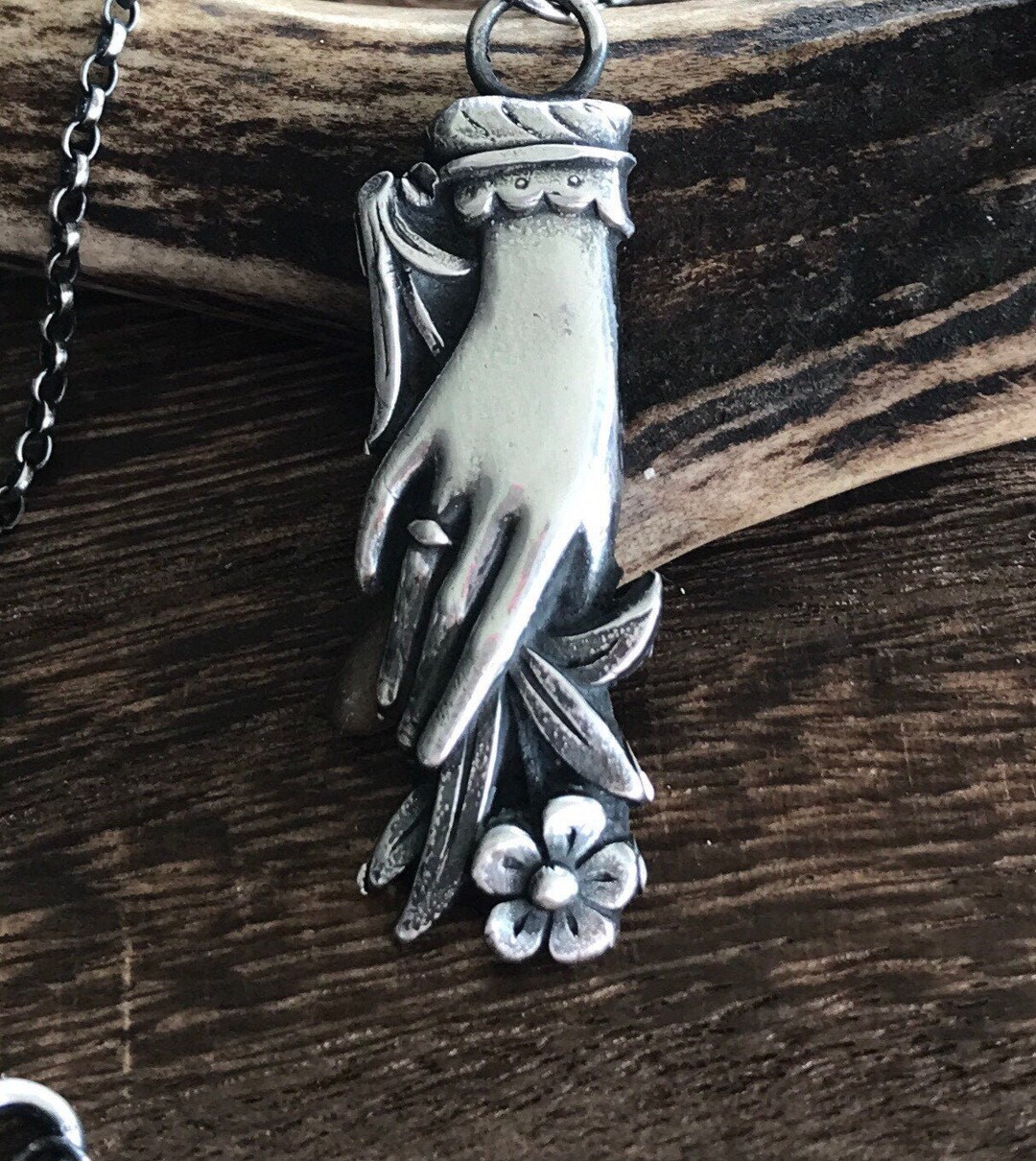 Silver Hand Pendant. Victorian Memento Mori With Forget Me Not Flowers ...