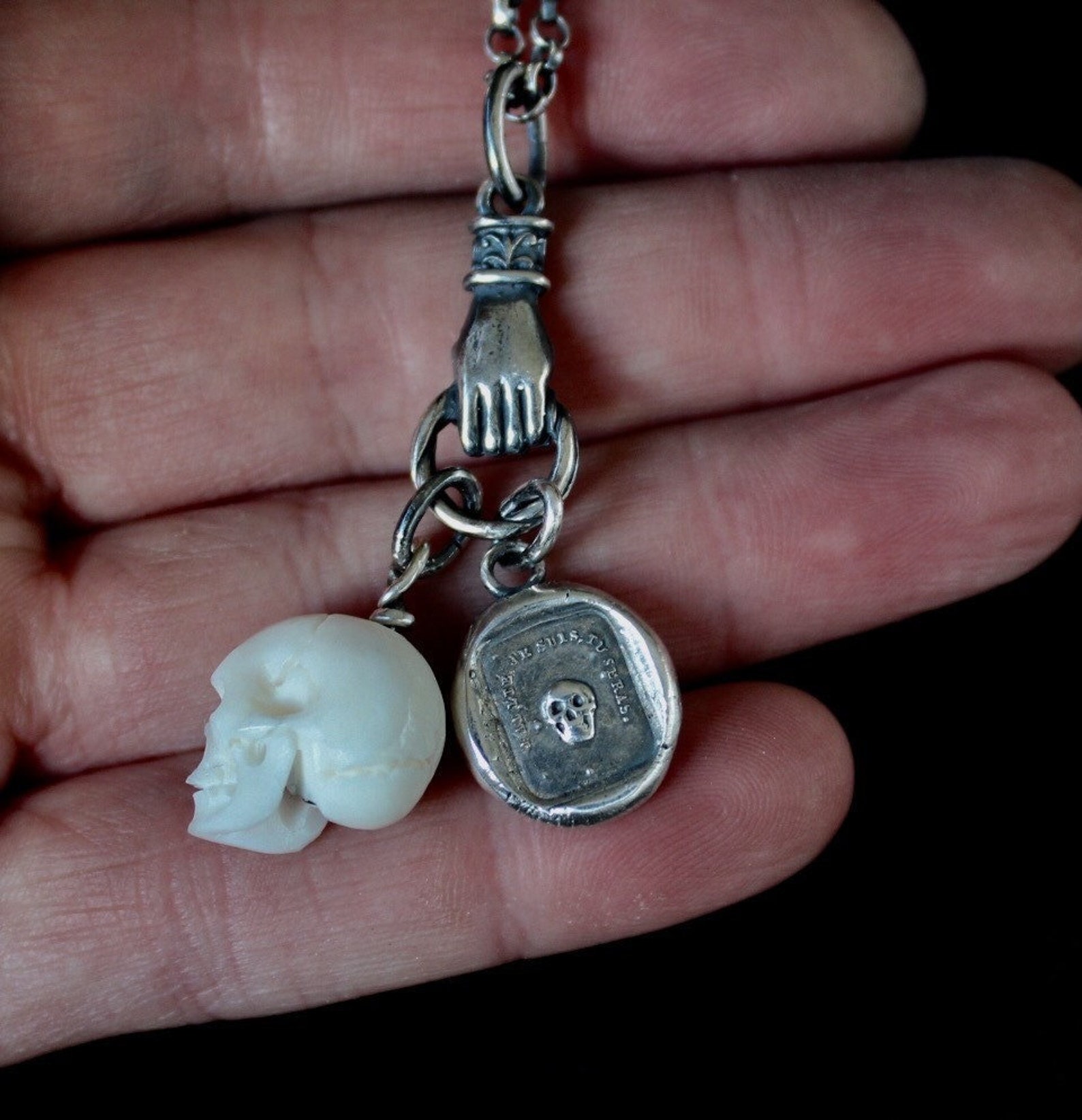 Skull Necklace, Sterling Silver Memento Mori Necklace, Antique Wax Seal ...