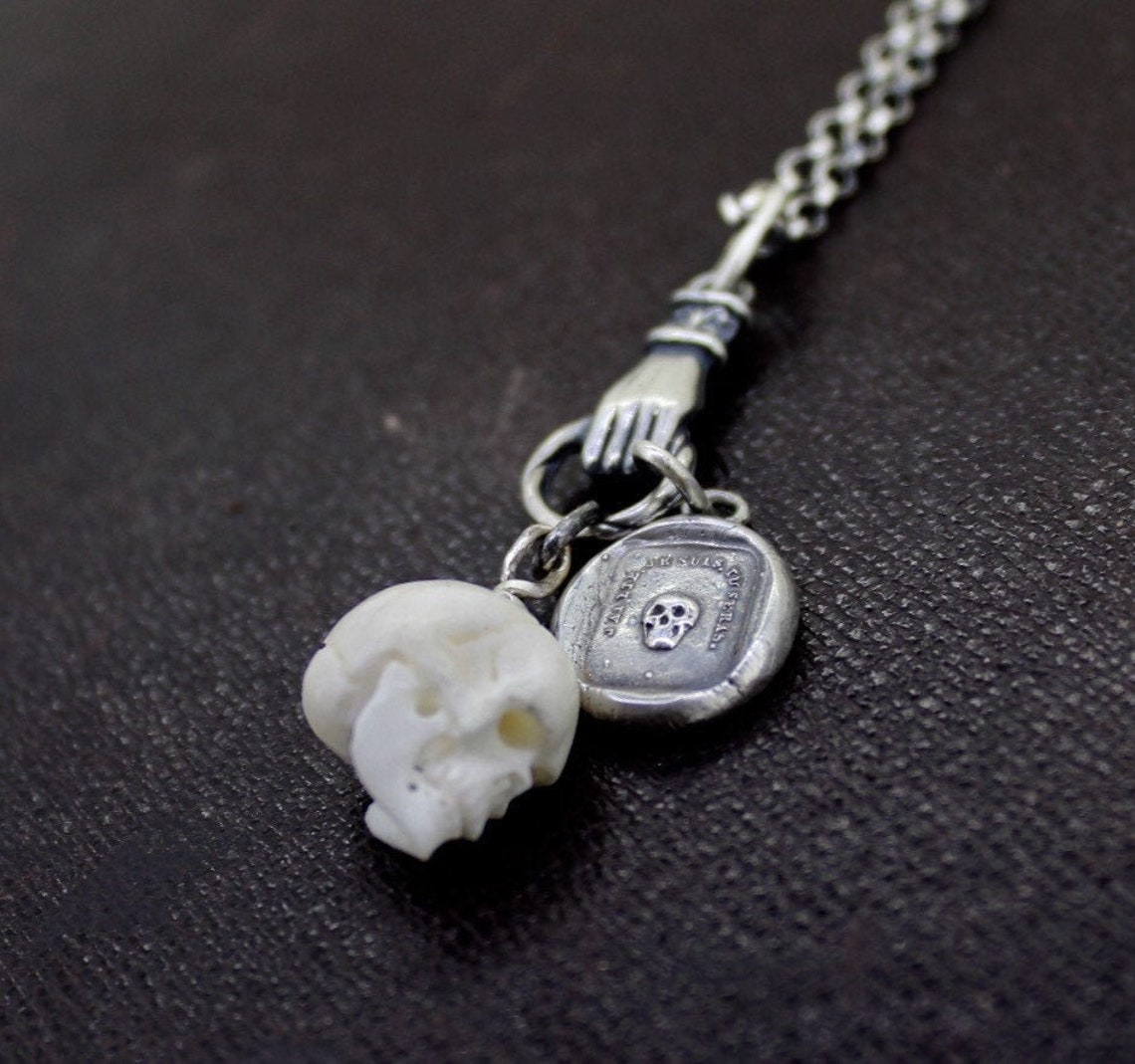 Skull Necklace, Sterling Silver Memento Mori Necklace, Antique Wax Seal ...