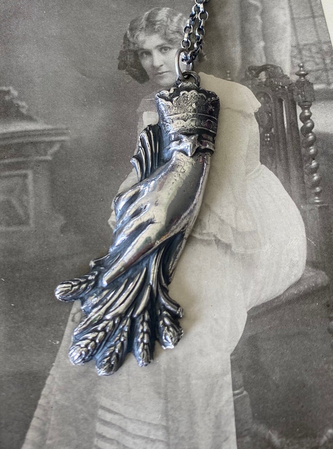 Monster Memento Mori , Victorian Mourning Hand Pendant and Chain. Hand ...