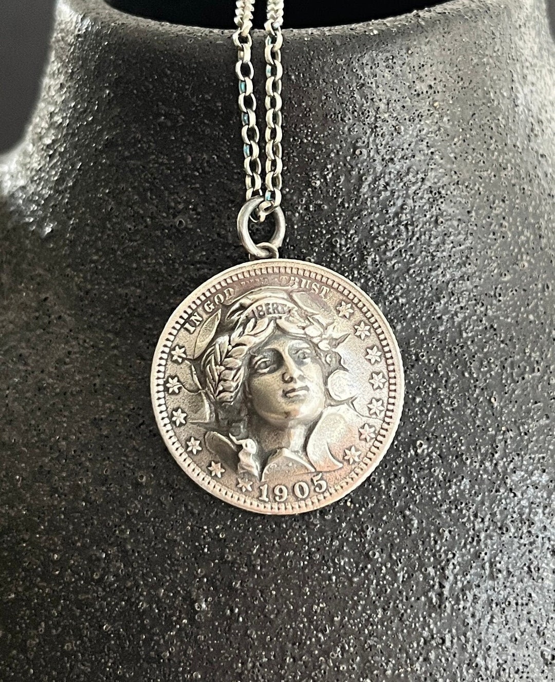 Art Nouveau, Sterling Silver, Repoussé Coin Pendant. Lady Head ...