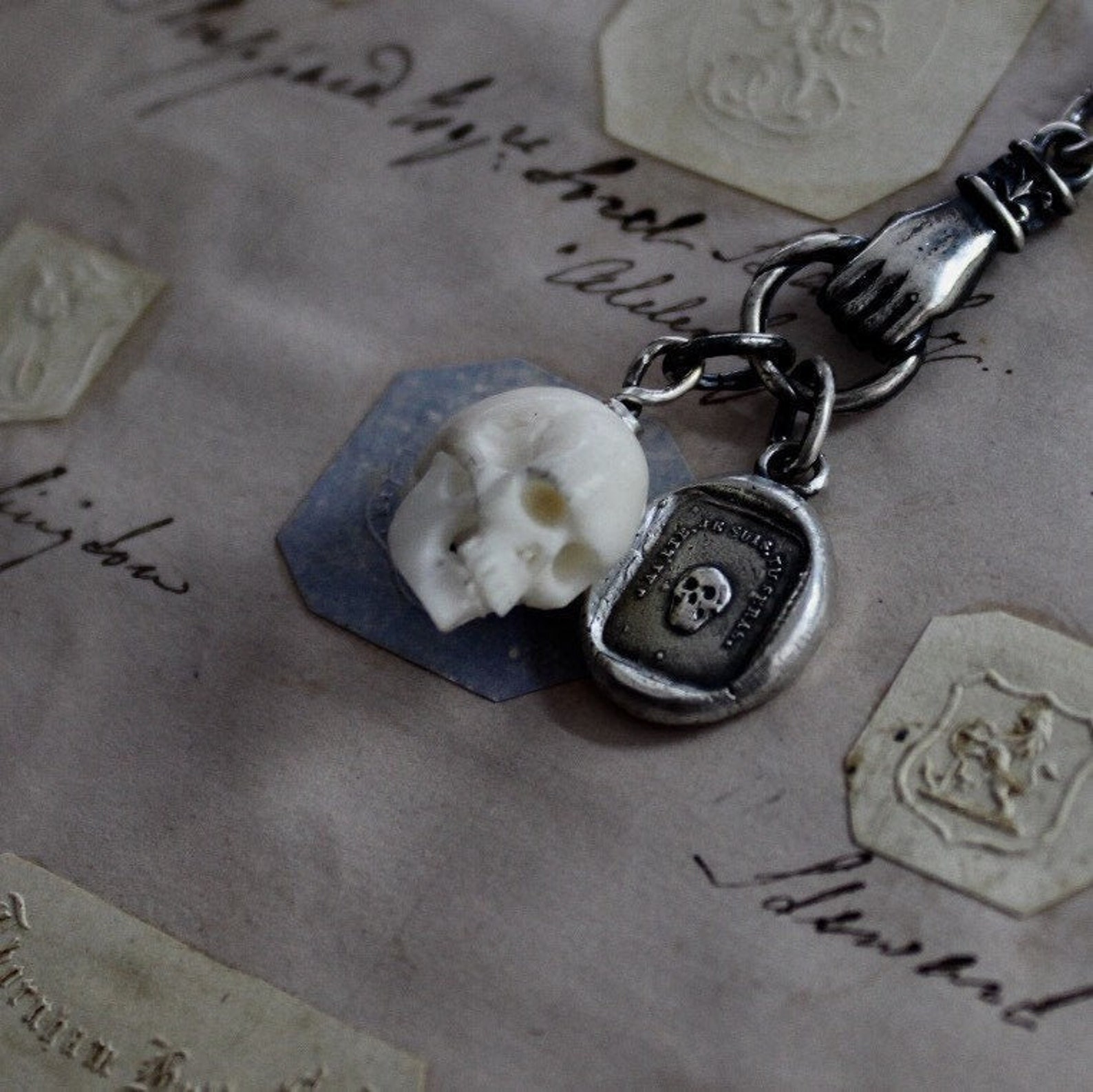 Skull Necklace, Sterling Silver Memento Mori Necklace, Antique Wax Seal ...