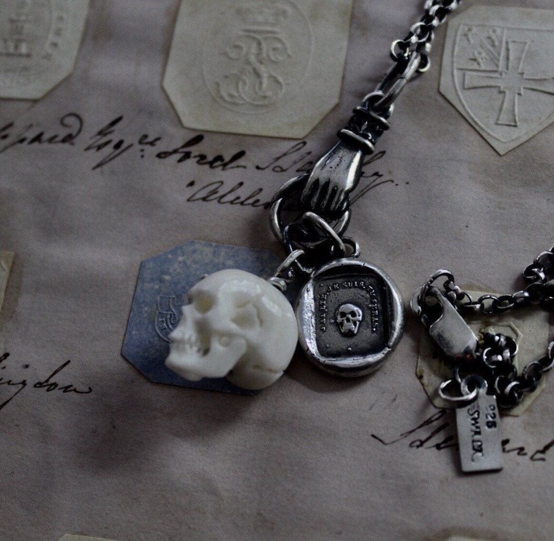 Skull Necklace, Sterling Silver Memento Mori Necklace, Antique Wax Seal ...