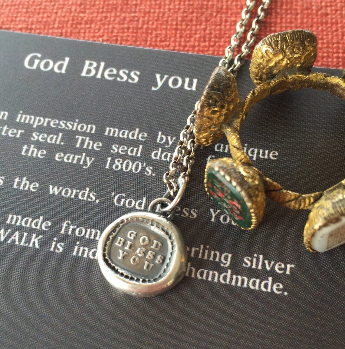 God Bless You, Antique Wax Seal Jewelry. Sterling Religious Pendant ...