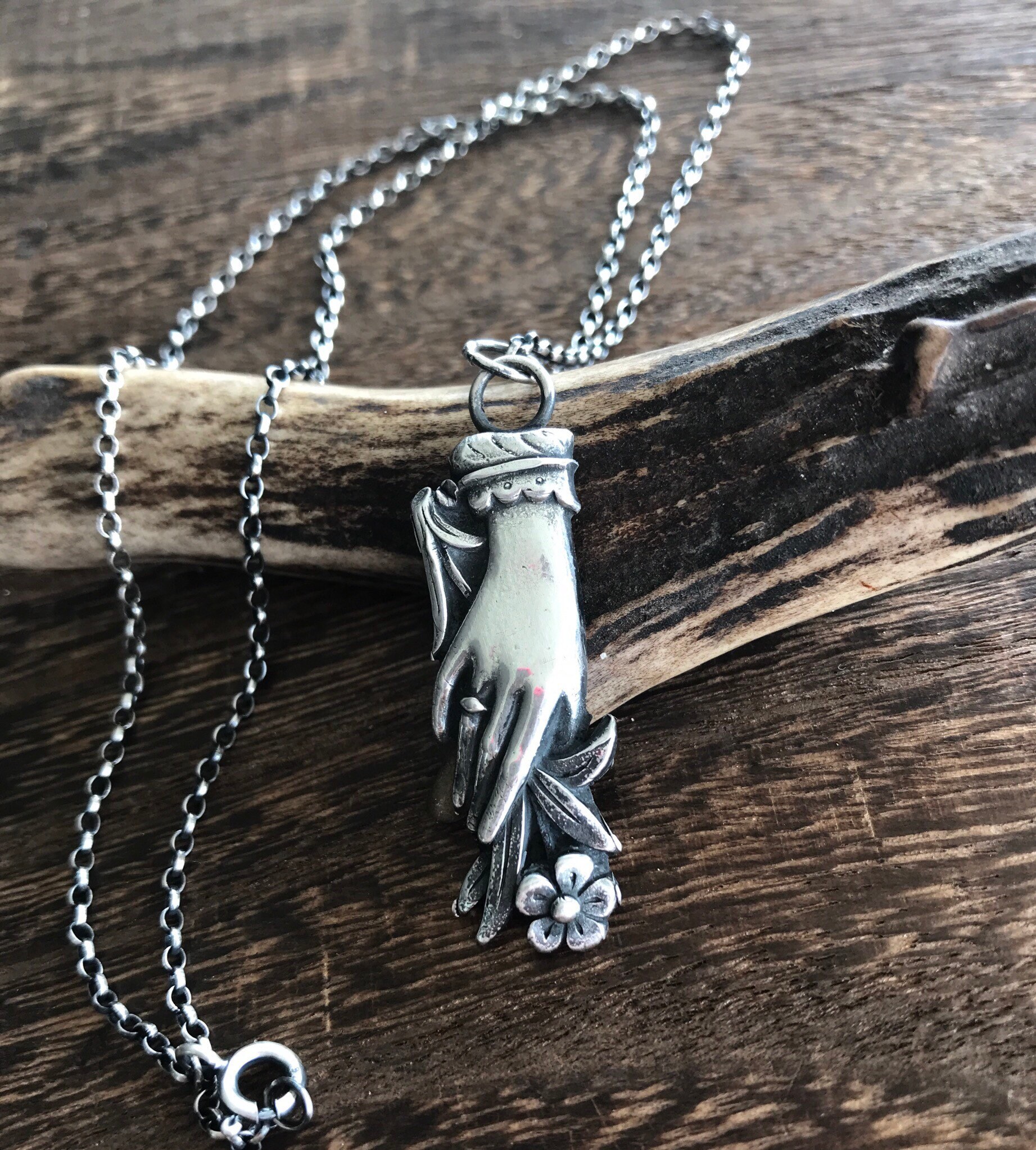 Silver Hand Pendant. Victorian Memento Mori With Forget Me Not - Etsy UK