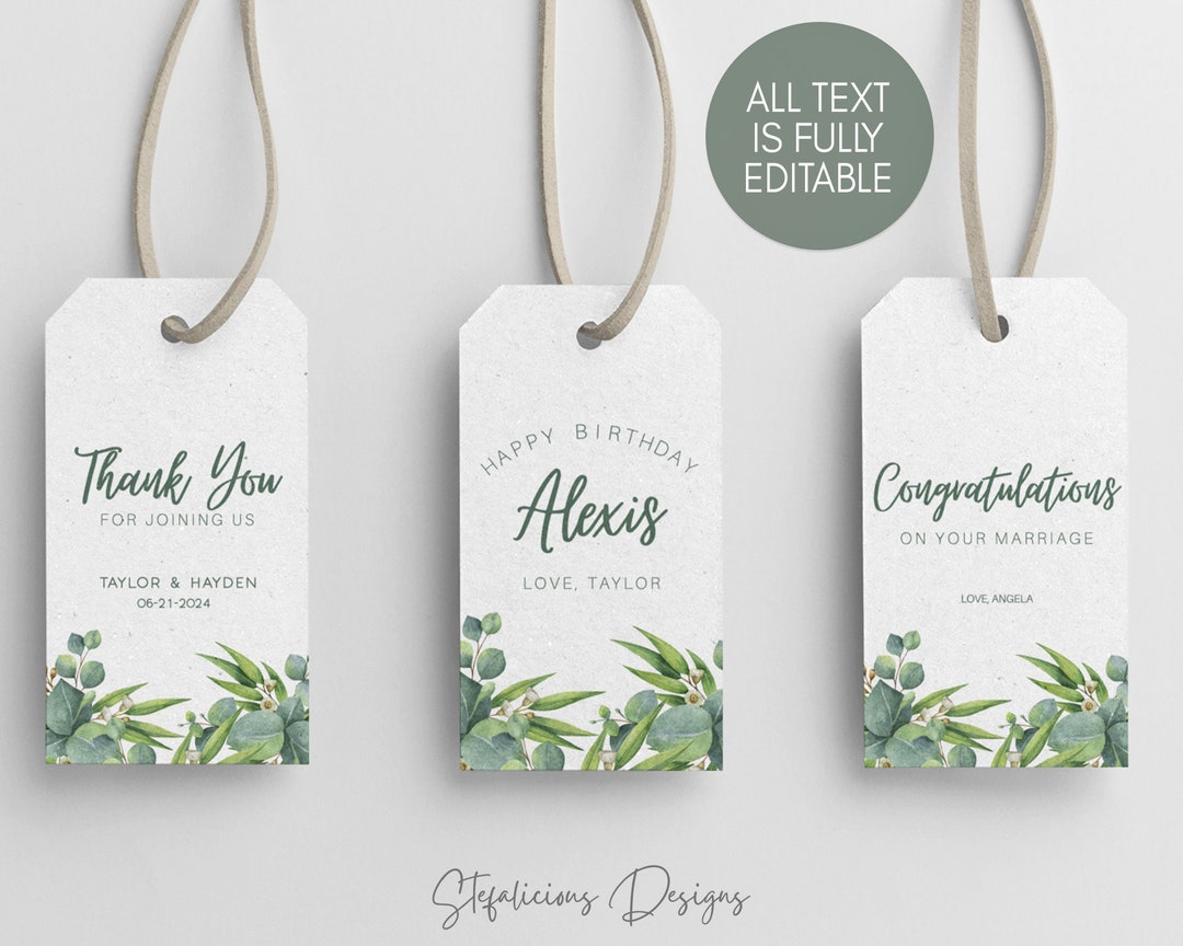 Editable Gift Tags, Boho Tropical Greenery, Eucalyptus, Favor Tags ...