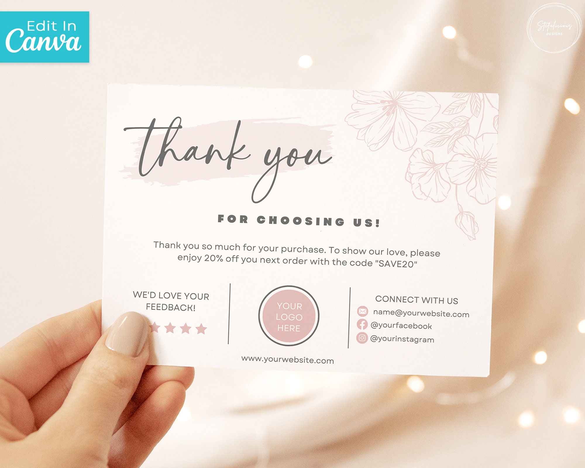 Editable Business Thank You Insert Card Template Modern Pink - Etsy