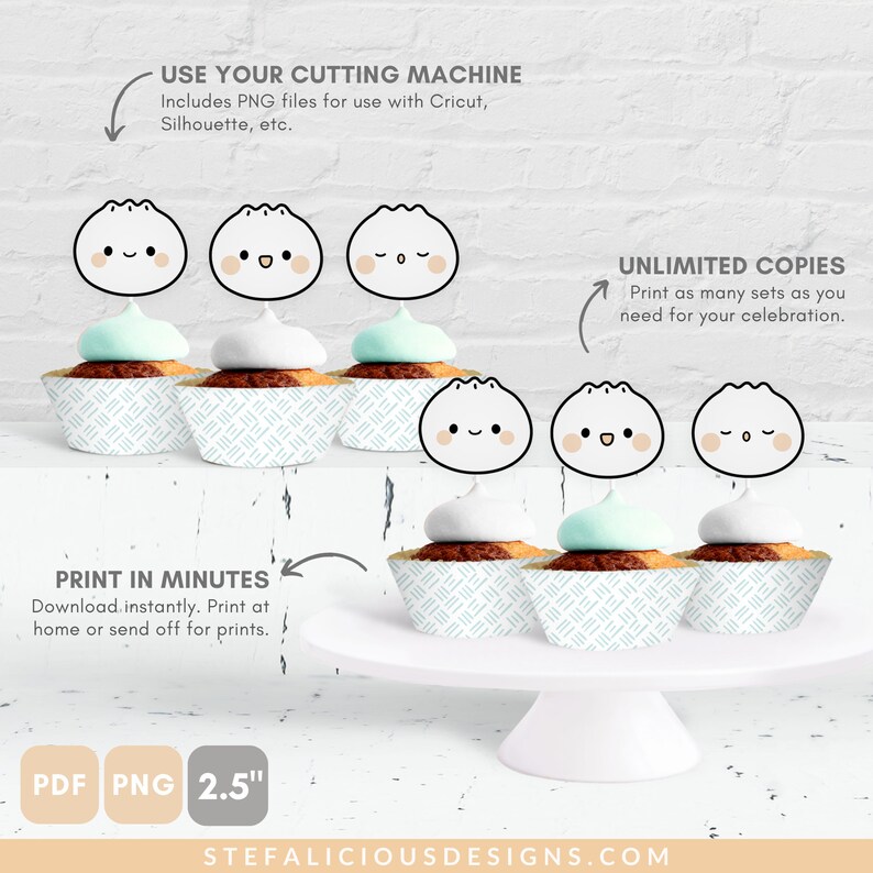 Cute Dumpling Cupcake Toppers, Cupcake Wrappers, Bao Dim Sum Party ...