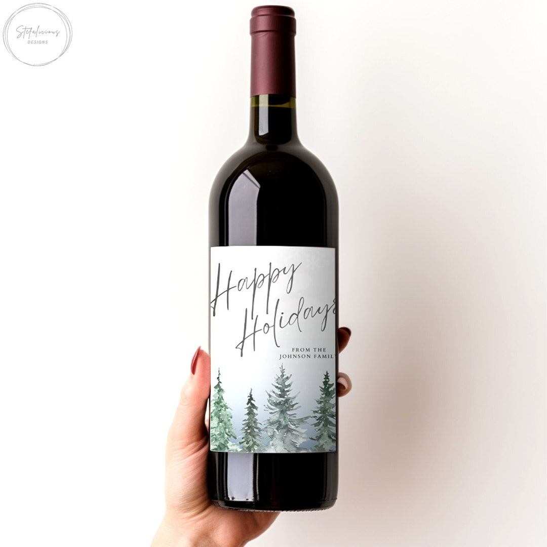Editable Christmas Wine Bottle Labels, Rustic Farmhouse Happy Holidays ...