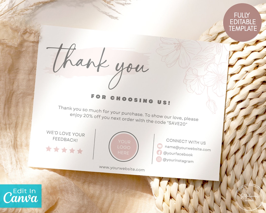 Editable Business Thank You Insert Card Template, Modern Pink Canva ...