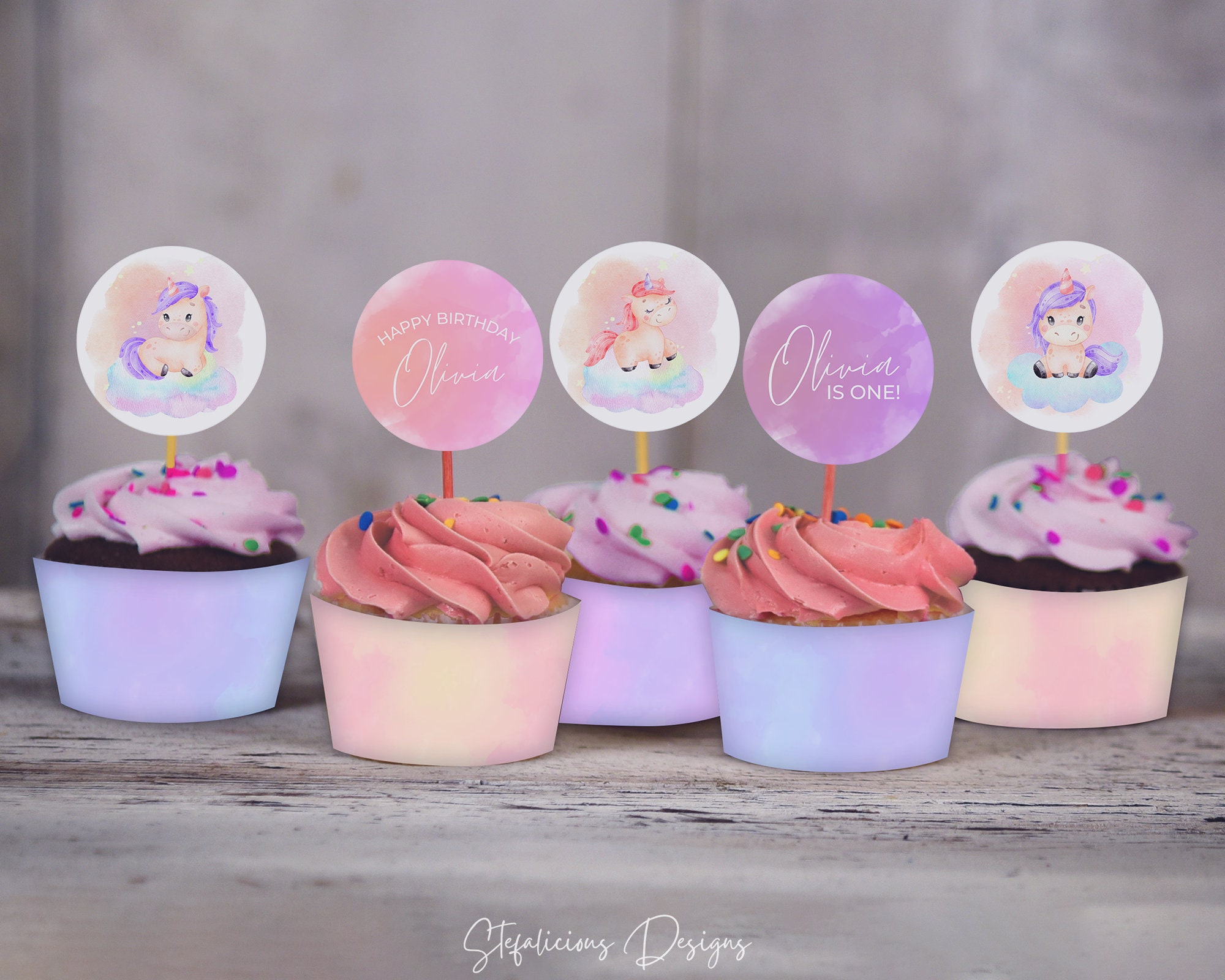 Unicorn Birthday Cupcake Toppers, Cupcake Wrappers, Custom Name ...