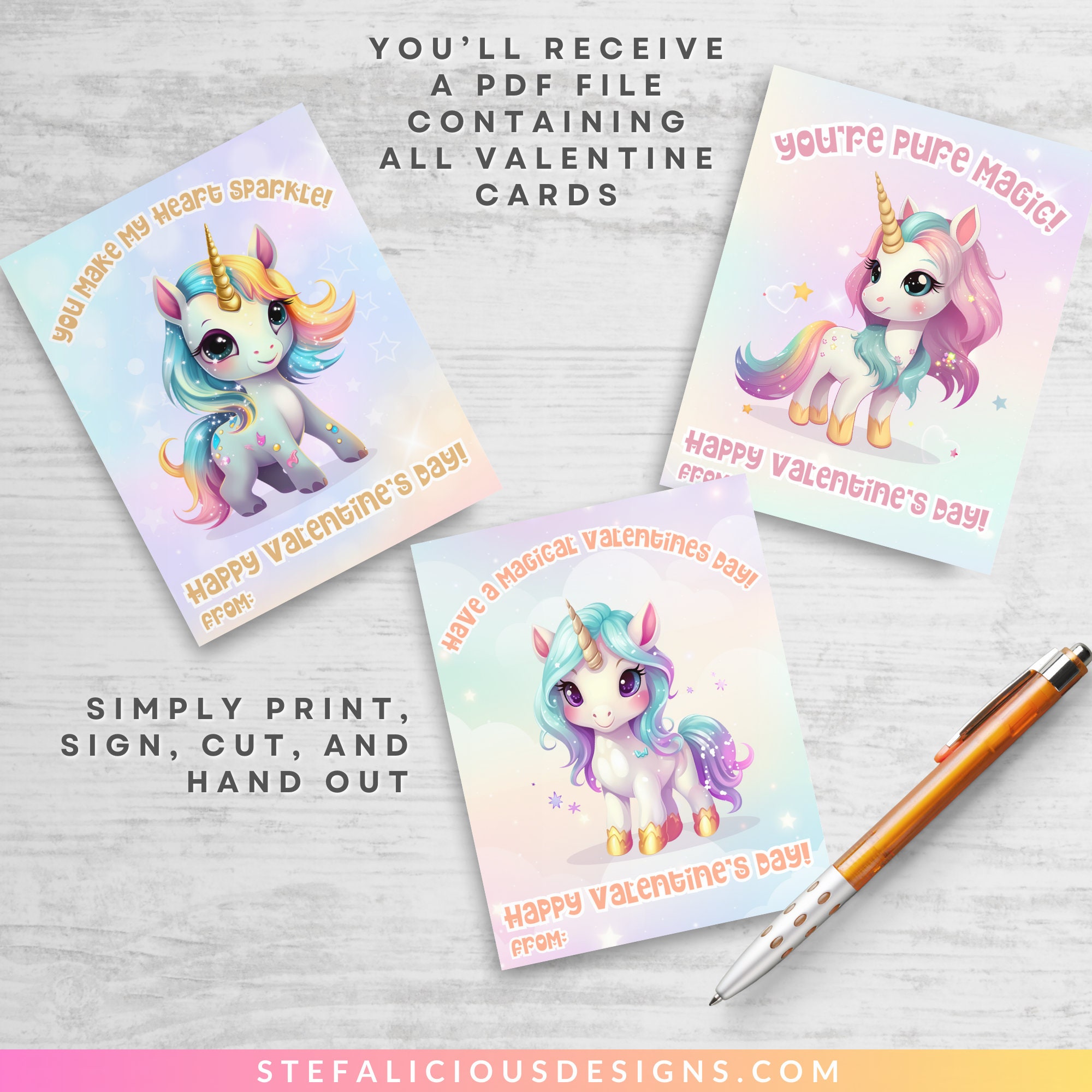 12 Printable Unicorn Valentines Day Card Set, Valentine's Day Cards for ...