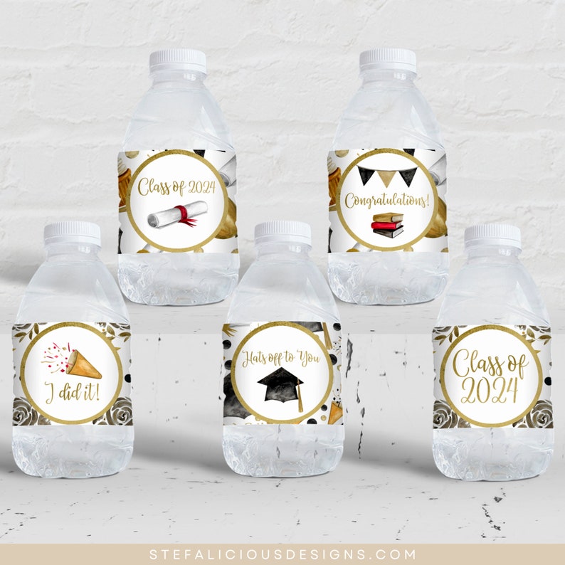 Graduation Bottle Labels, Printable Set of Five Water Bottle Labels ...