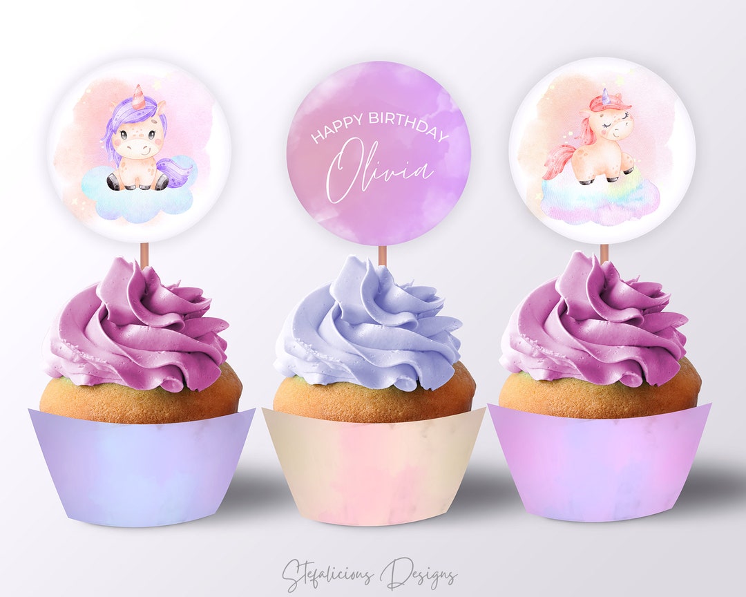 Unicorn Birthday Cupcake Toppers, Cupcake Wrappers, Custom Name ...