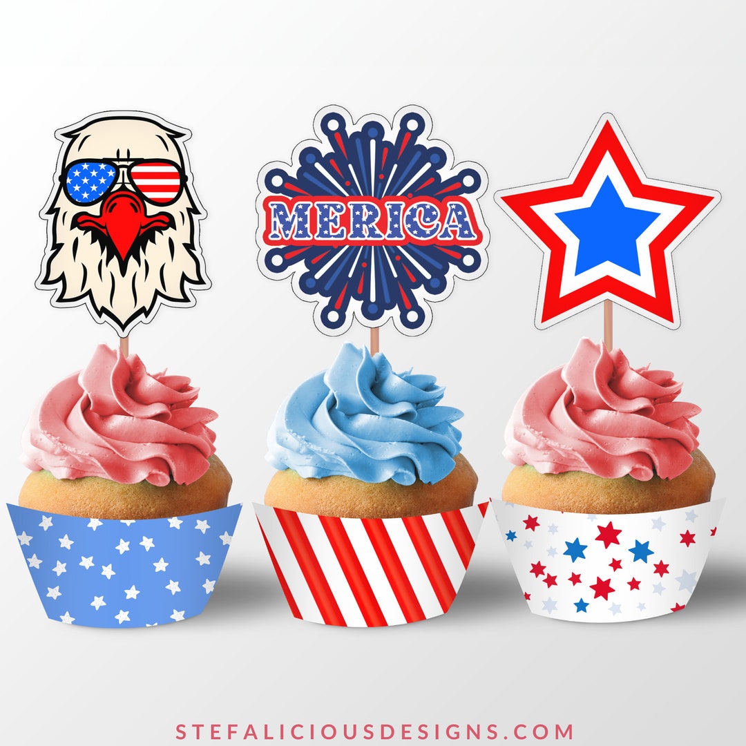 Patriotic Cupcake Toppers, American Flag Cupcake Wrappers, 4th of July ...