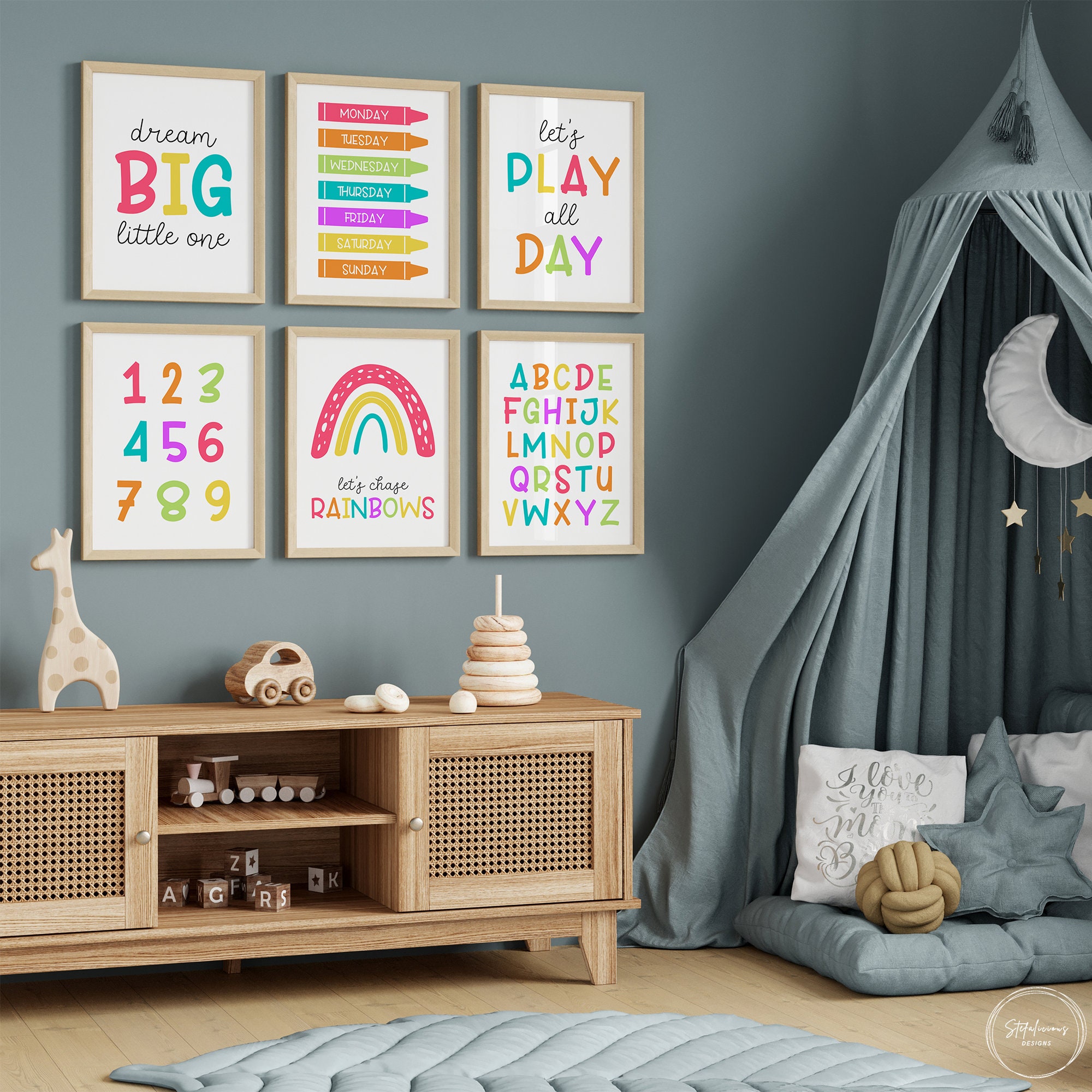 Educational Posters, Printable Playroom Wall Art Set, Rainbow Prints ...