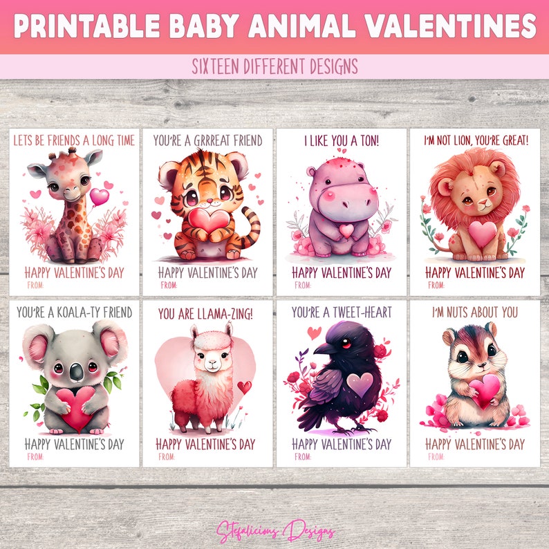 16 Printable Cute Baby Animal Pun Valentine's Day Card Set, Valentine's ...