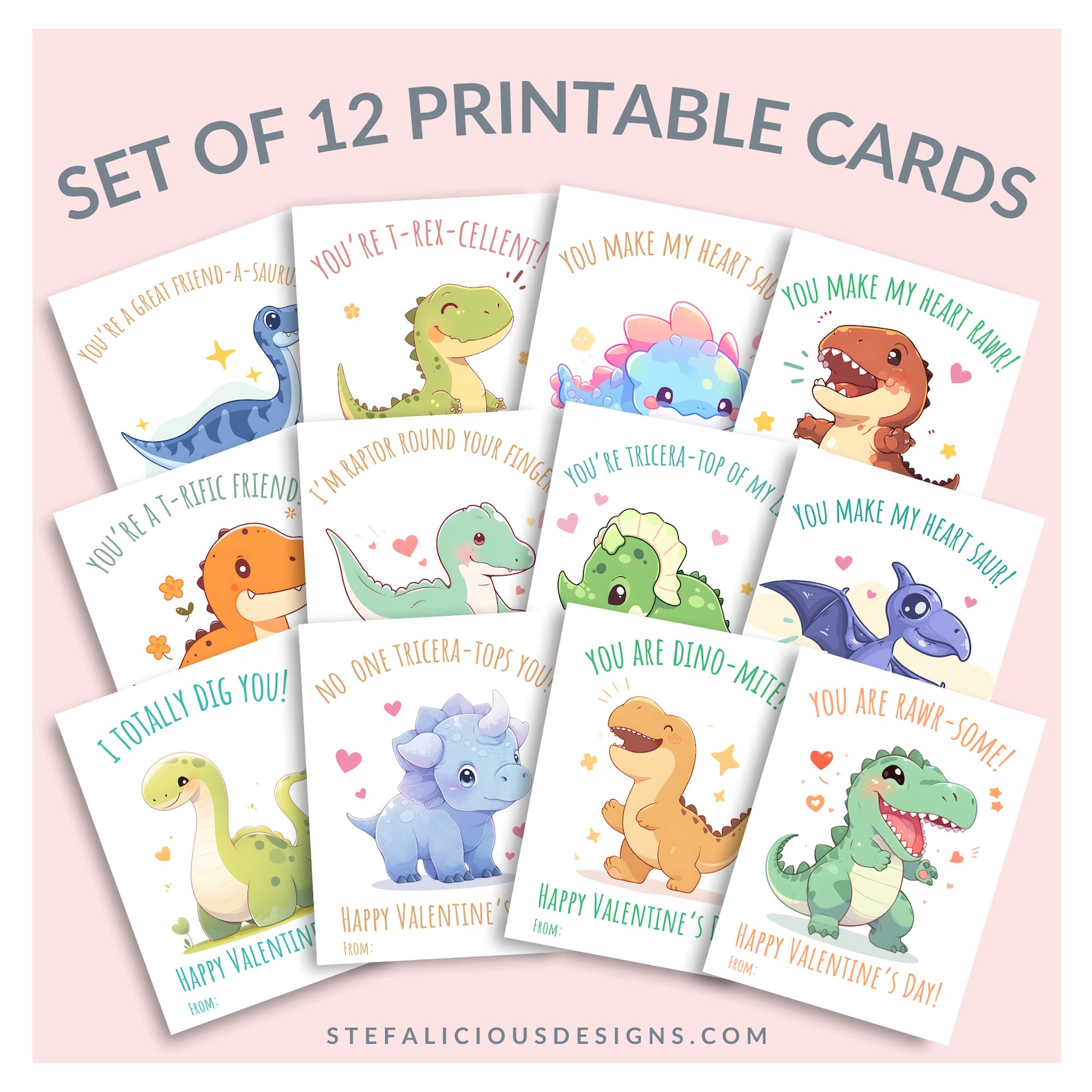 12 Printable Cute Dinosaur Pun Valentine's Day Card Set, Valentine's ...