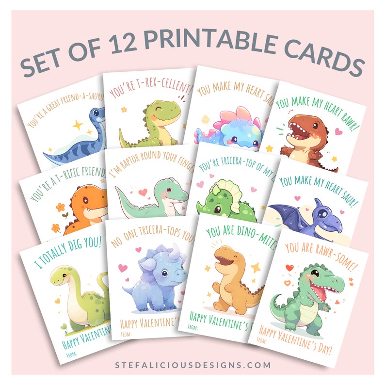 12 Printable Cute Dinosaur Pun Valentine's Day Card Set, Valentine's ...