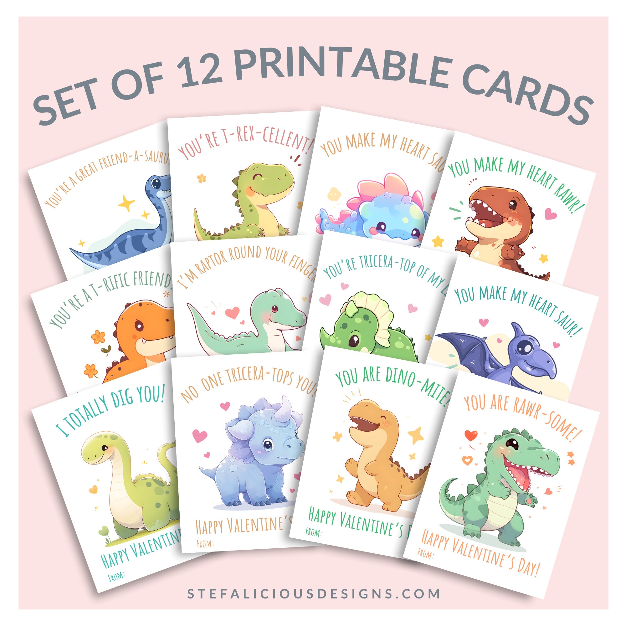 12 Printable Cute Dinosaur Pun Valentine's Day Card Set, Valentine's ...