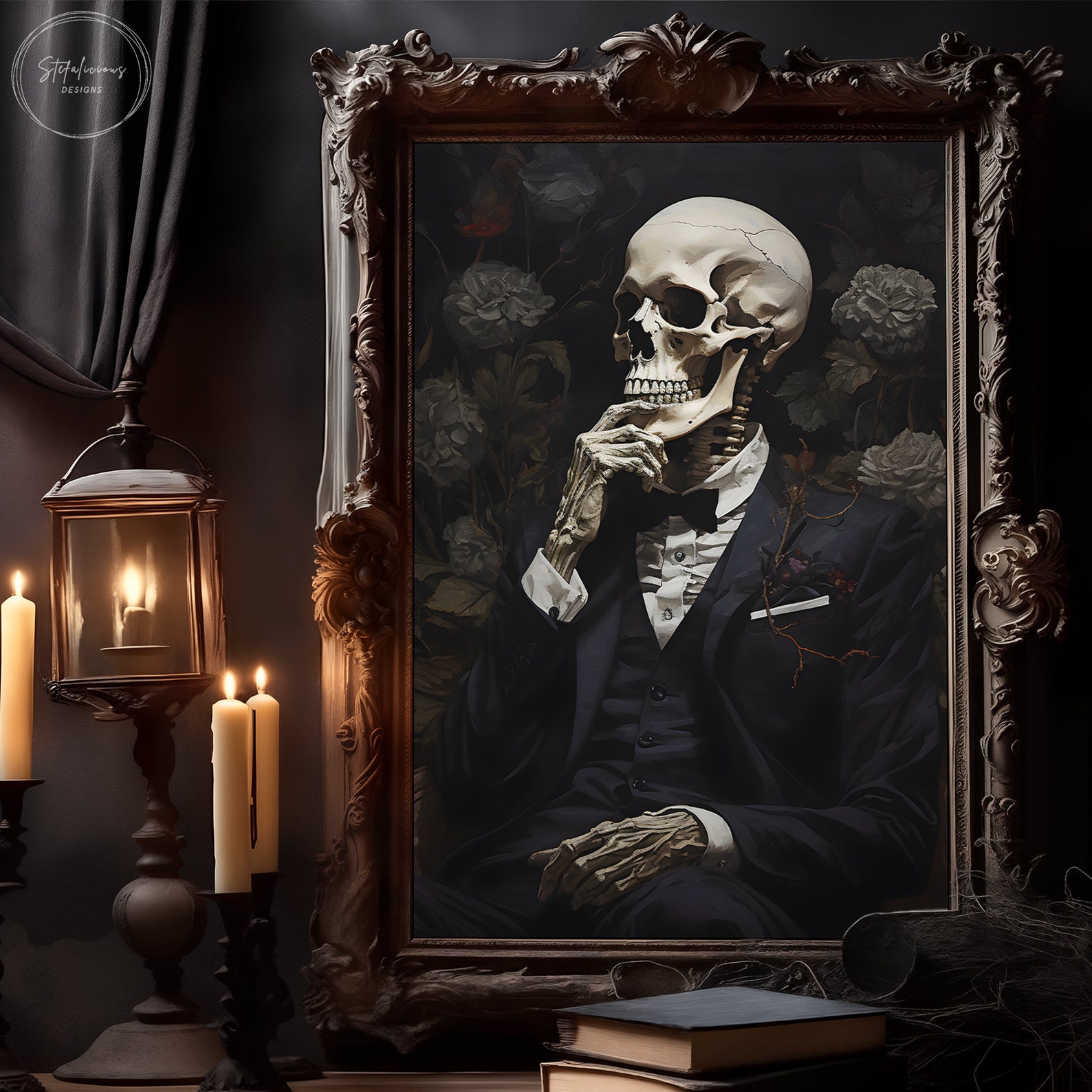 Dapper Skeleton Painting, Vintage Poster, Wall Art Print, Dark Academia ...