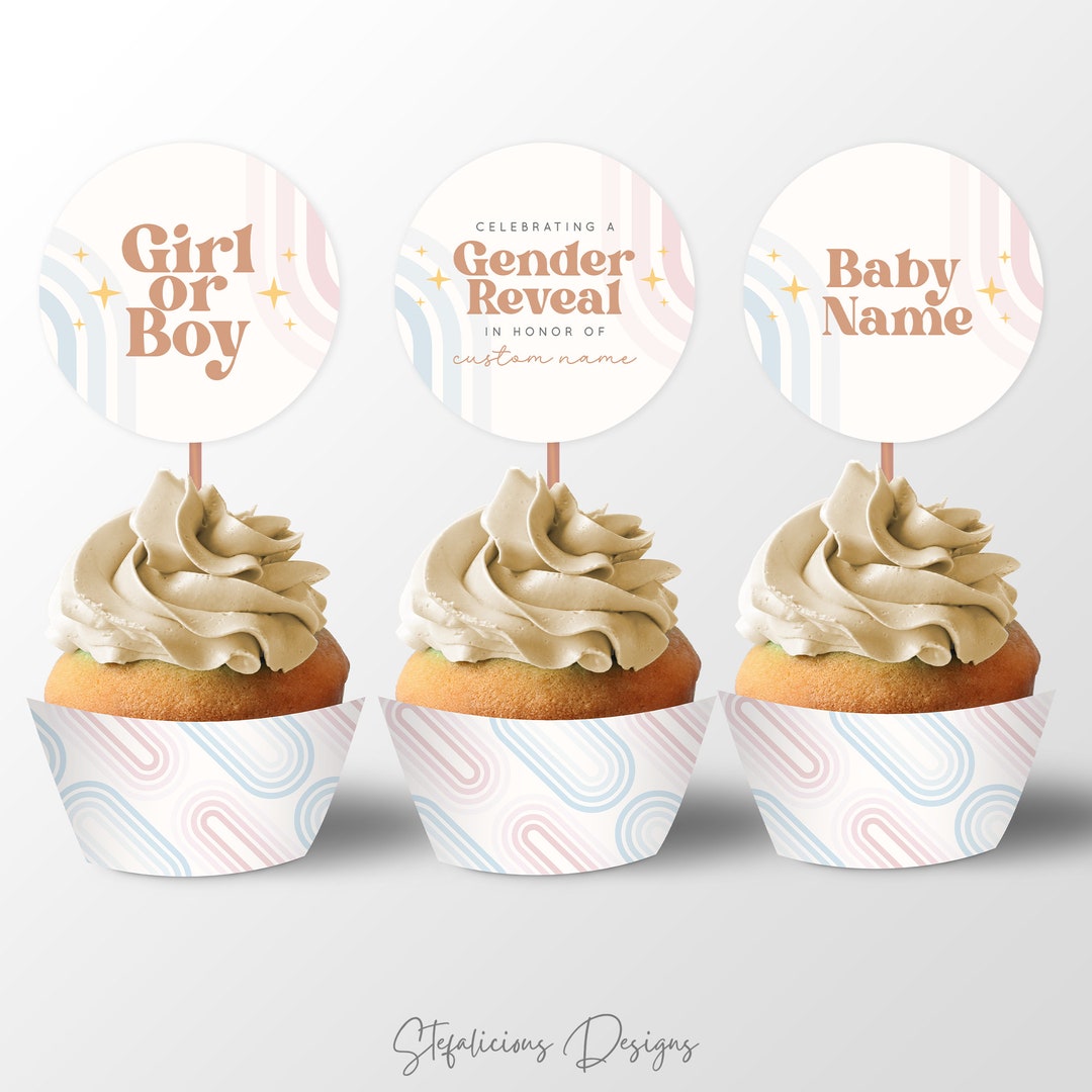Retro Gender Reveal Cupcake Toppers Cupcake Wrappers, Editable Template ...
