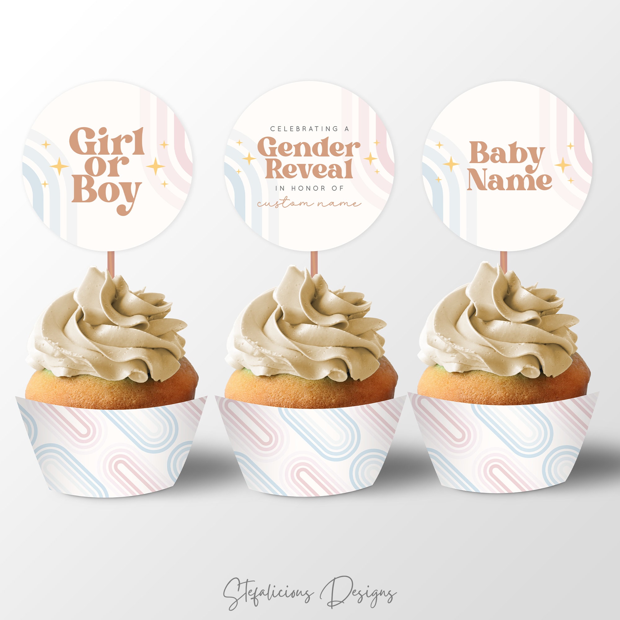 Retro Gender Reveal Cupcake Toppers Cupcake Wrappers, Editable Template ...