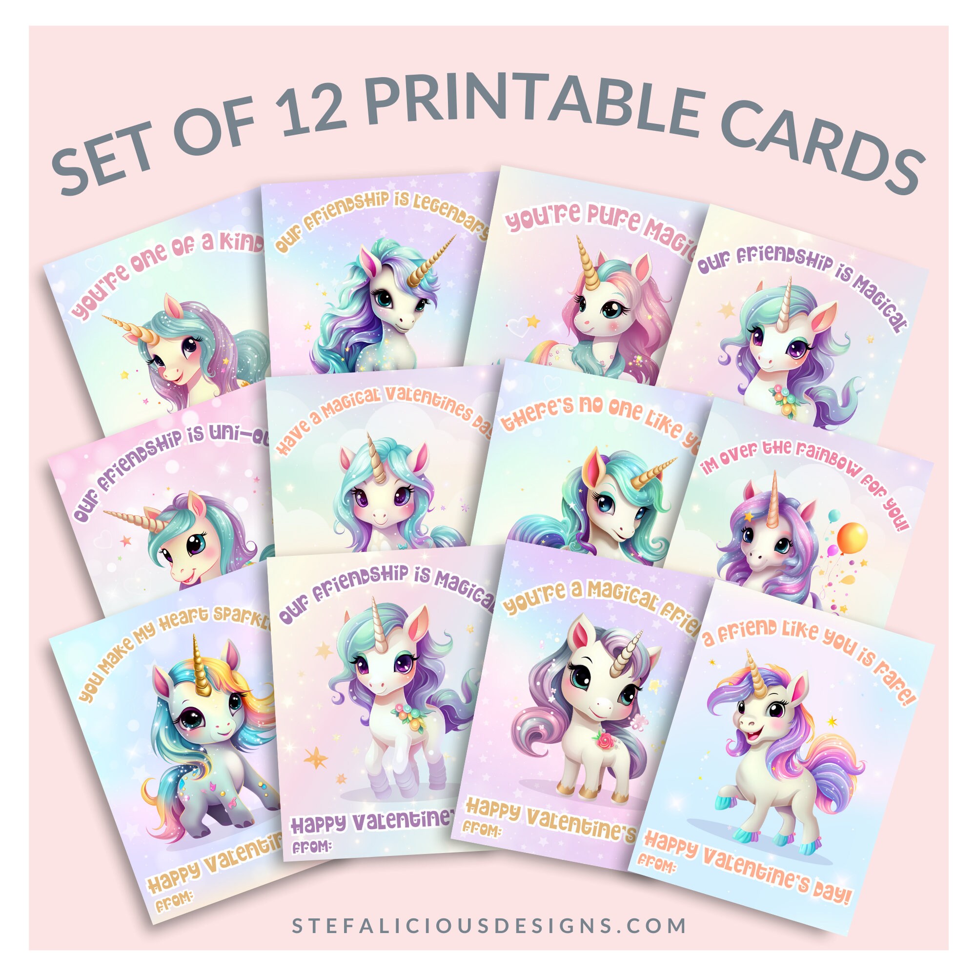 12 Printable Unicorn Valentines Day Card Set, Valentine's Day Cards for ...