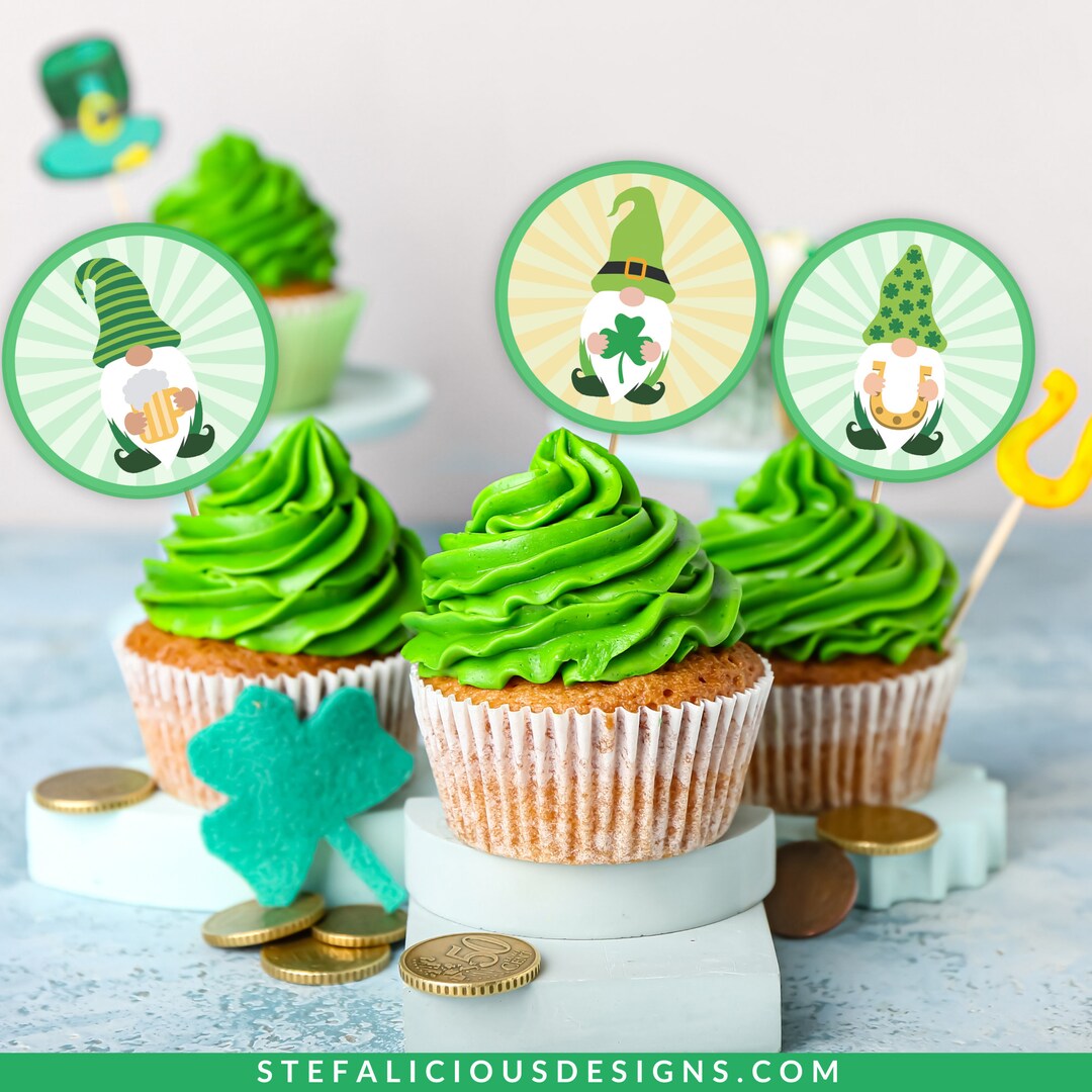 St Patricks Day Gnome Cupcake Toppers, Printable Party Supplies, Food ...