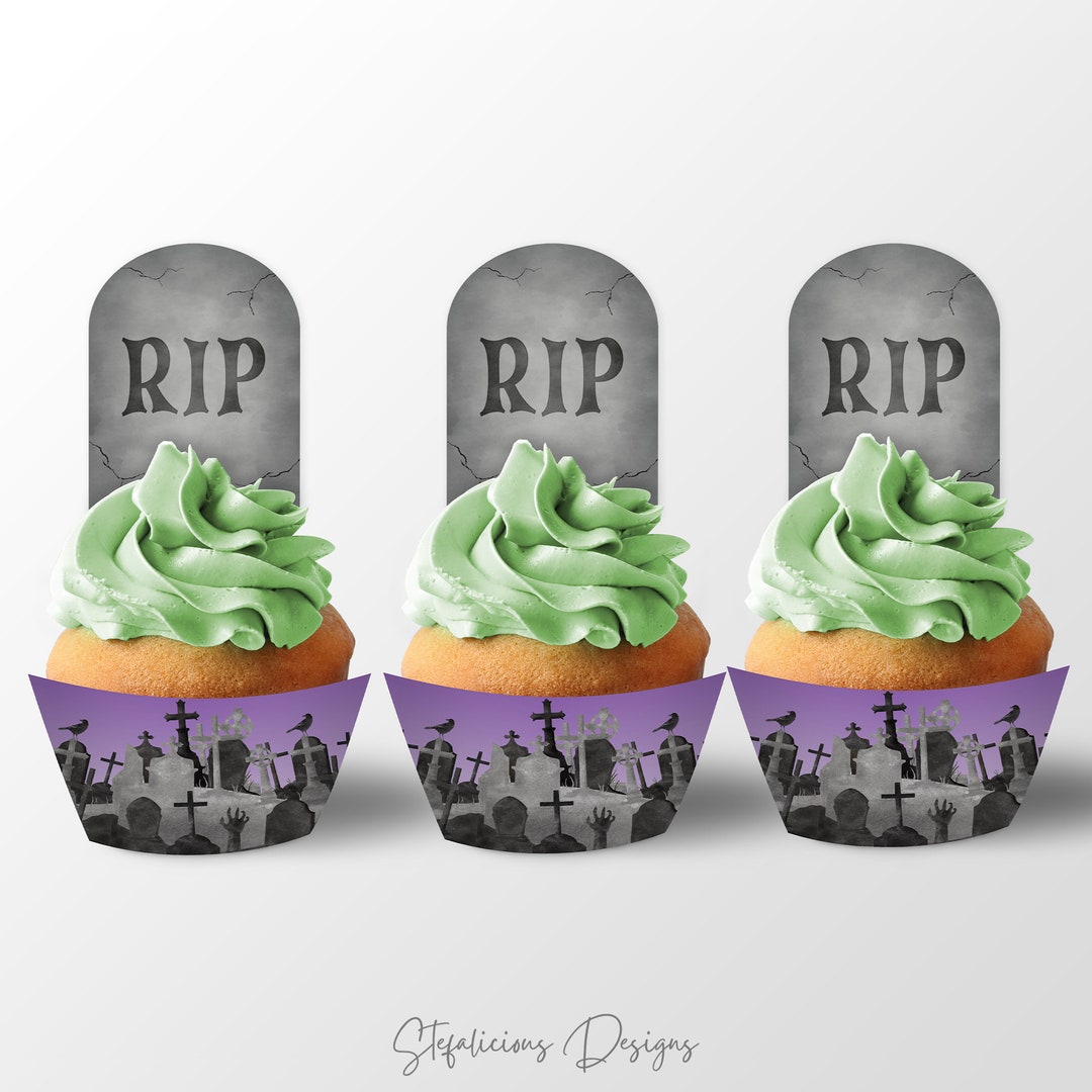 Halloween Cupcake Toppers, Cupcake Wrappers, Graveyard Zombie Headstone ...
