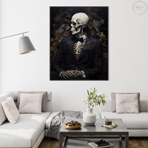 Dapper Skeleton Painting, Vintage Poster, Wall Art Print, Dark Academia, Haunting Ghost ...