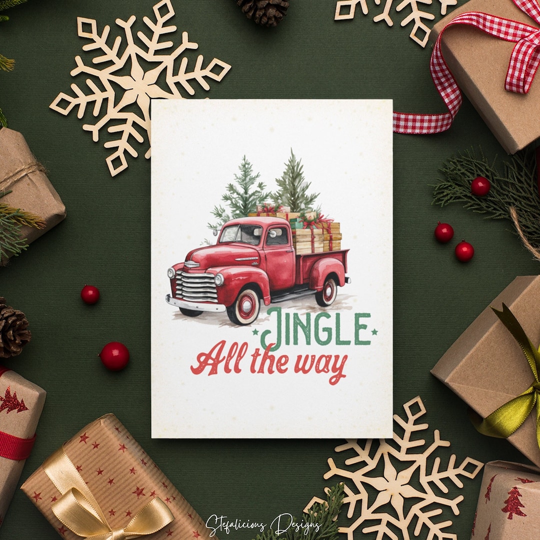 Vintage Christmas Card, Printable Red Christmas Truck Card, Jingle All ...