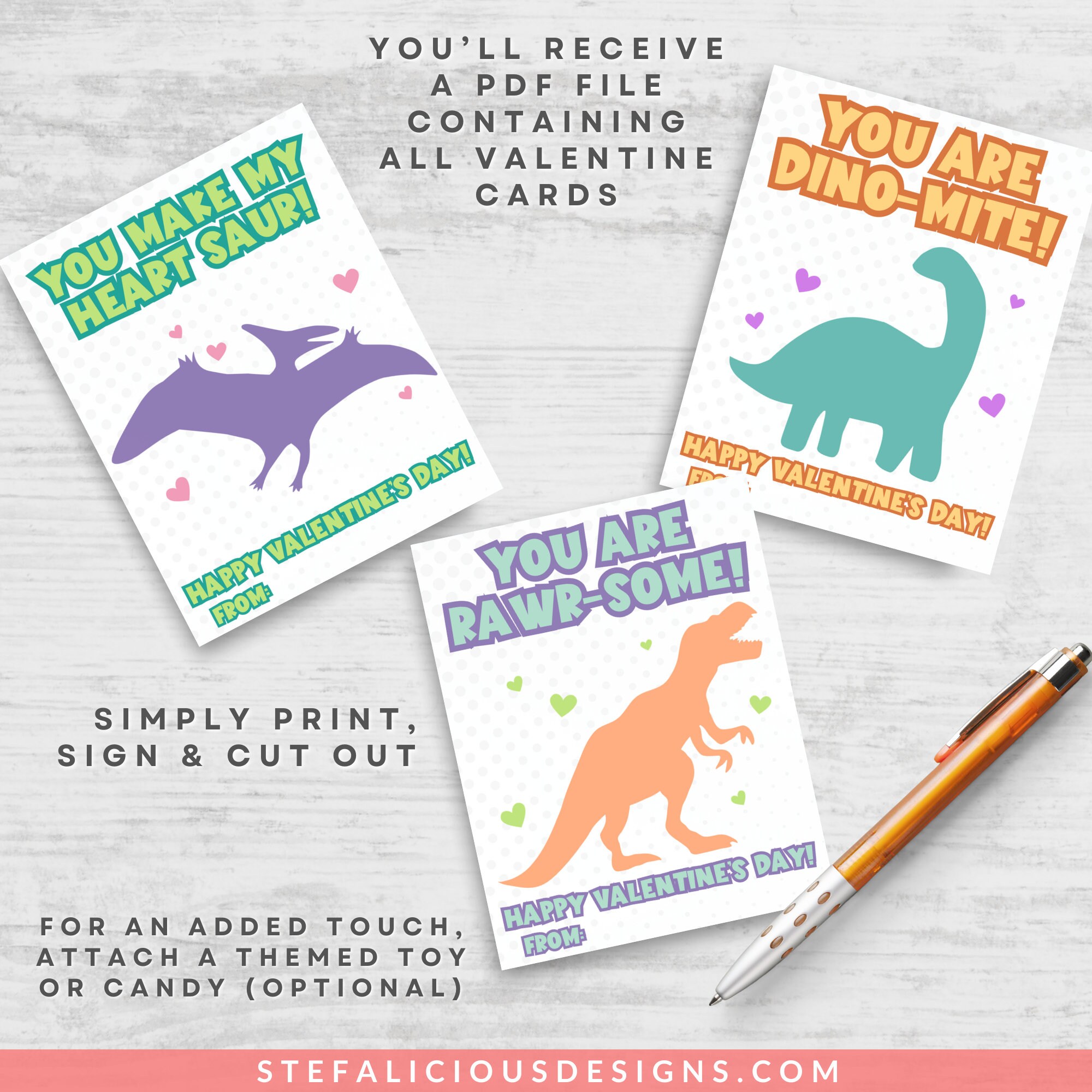 12 Printable Dinosaur Valentine's Day Card Set, Non Candy Valentines ...