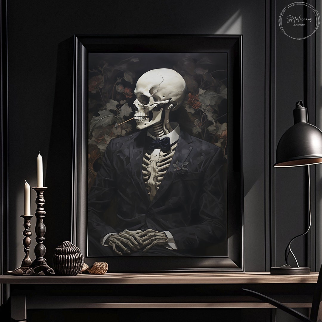 Dapper Skeleton Painting, Vintage Poster, Wall Art Print, Dark Academia ...