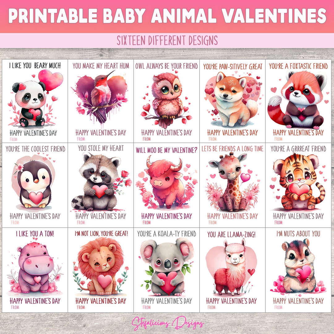 16 Printable Cute Baby Animal Pun Valentine's Day Card Set, Valentine's ...