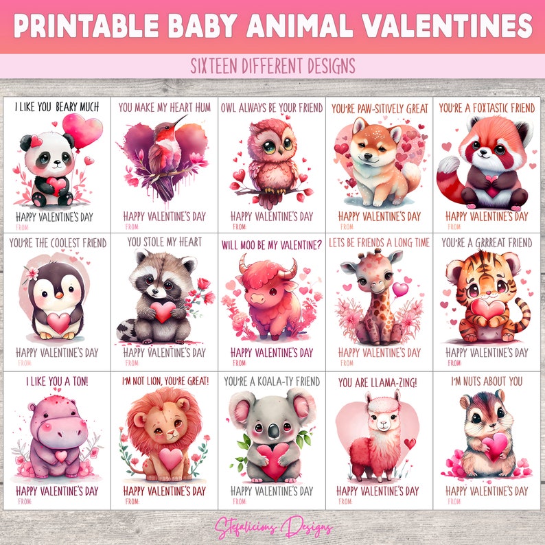 16 Printable Cute Baby Animal Pun Valentine's Day Card Set, Valentine's ...