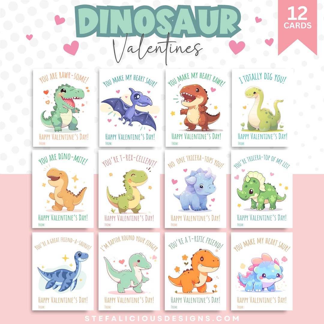 12 Printable Cute Dinosaur Pun Valentine's Day Card Set, Valentine's ...