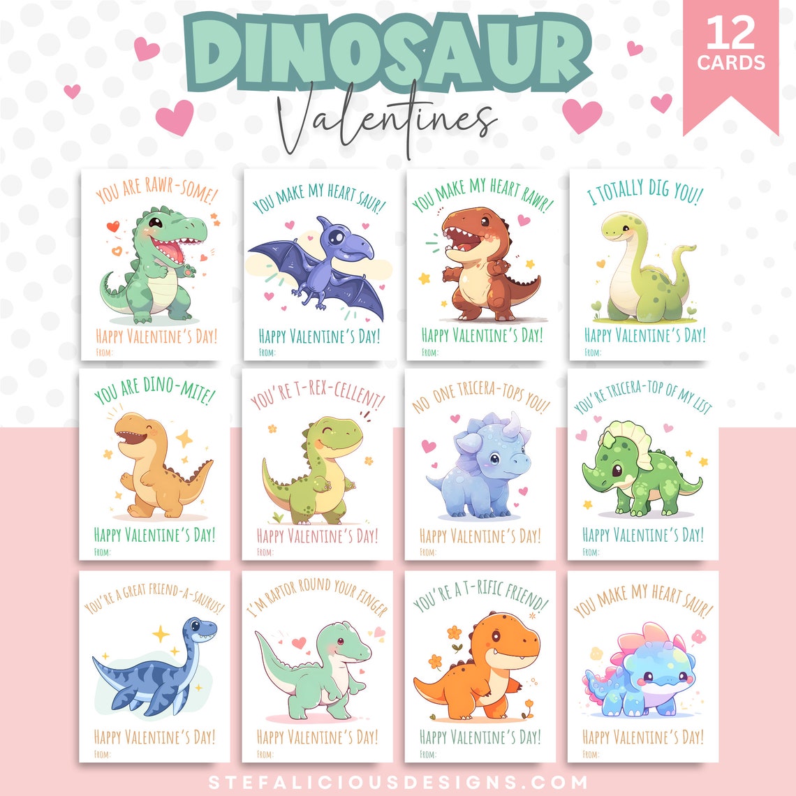 12 Printable Cute Dinosaur Pun Valentine's Day Card Set, Valentine's ...