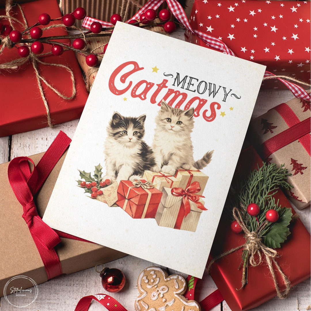 Vintage Christmas Card, Meowy Catmas Printable Cat Christmas Card ...