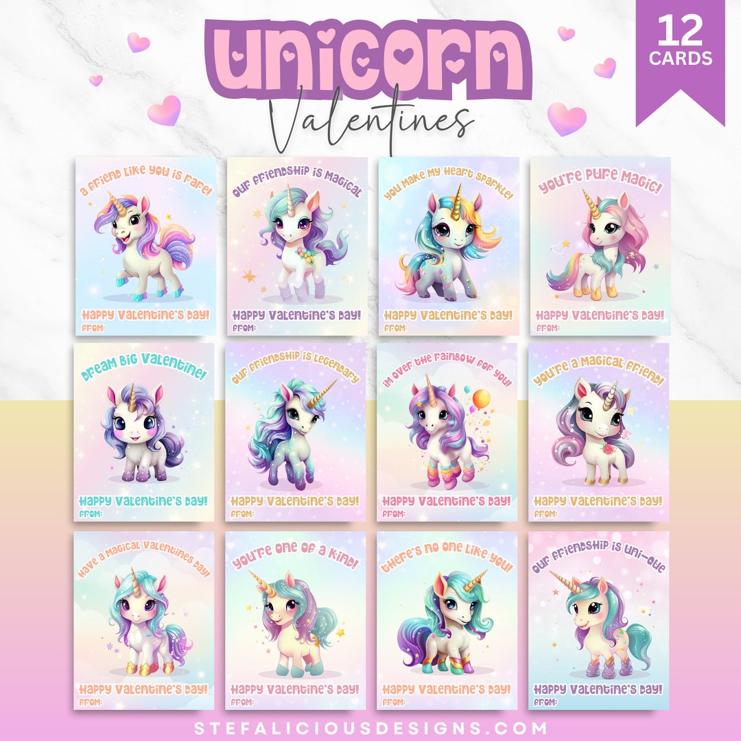 12 Printable Unicorn Valentines Day Card Set, Valentine's Day Cards for ...
