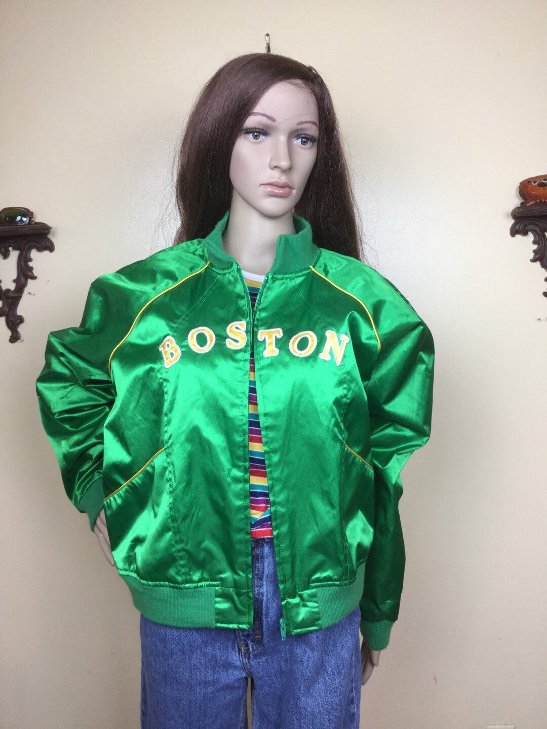Satin Bomber Jacket Green 80s Baseball Jacket, Vintage 70s Coach Shiny ...