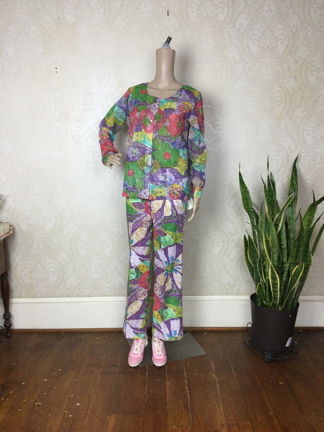 Vintage 70s Psychedelic Pants Suit ,purple Floral Shirt & Pants , NOS ...