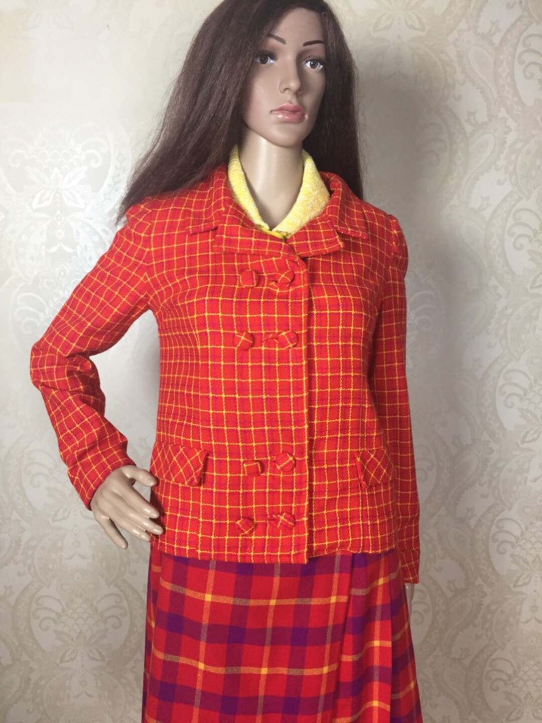 Vintage 60s Jacket-mod 1960s Crop Coat Orange Windowpane Print , 1960s ...