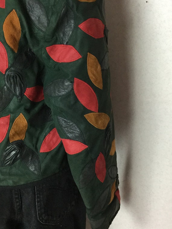 Vintage 80s appliqued Leather Jacket ,green leather … - Gem