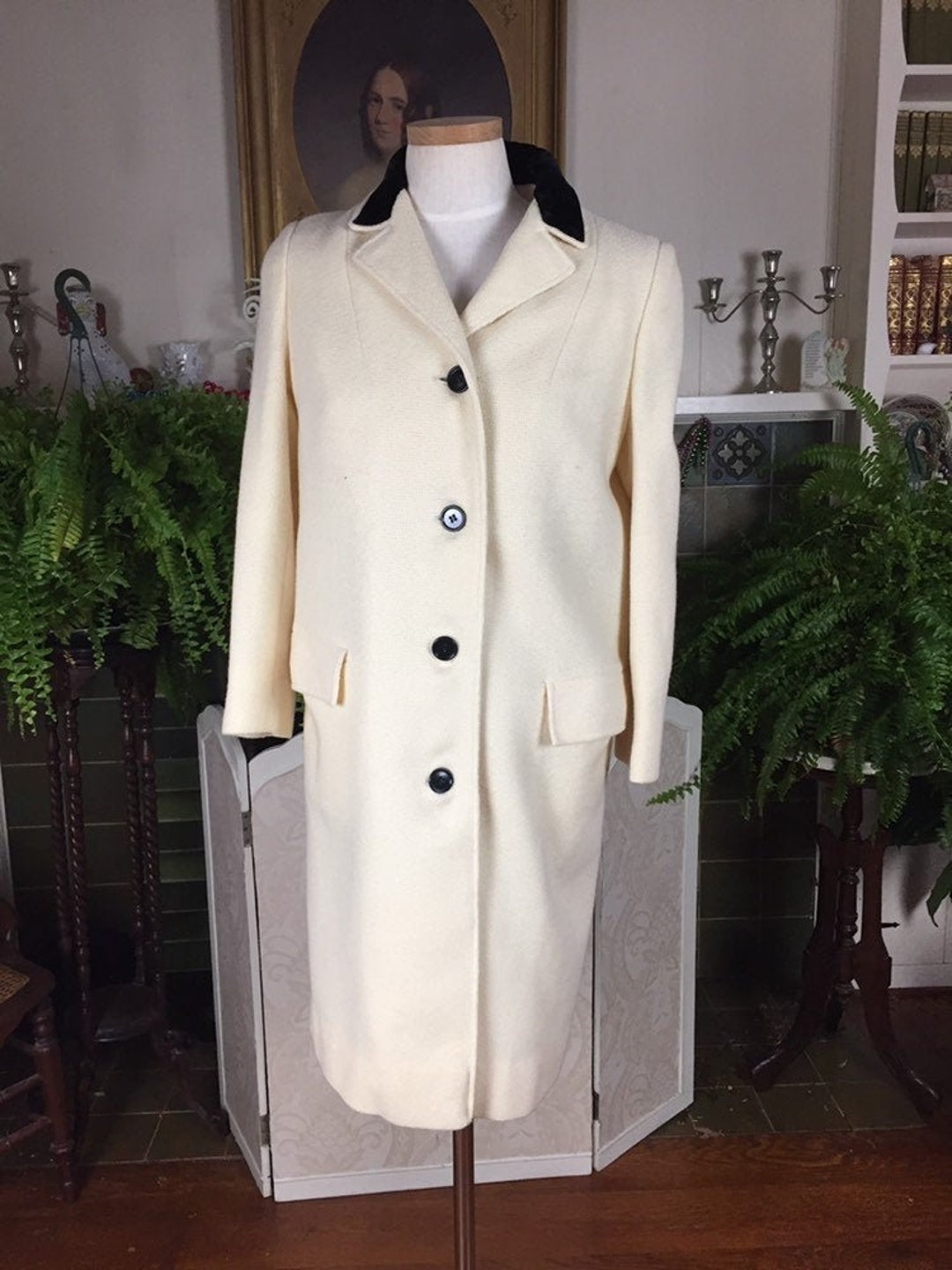 Vintage 50s Ivory Wool Coat, 1950s Black Velvet Collar ,mrs.maisel Coat ...