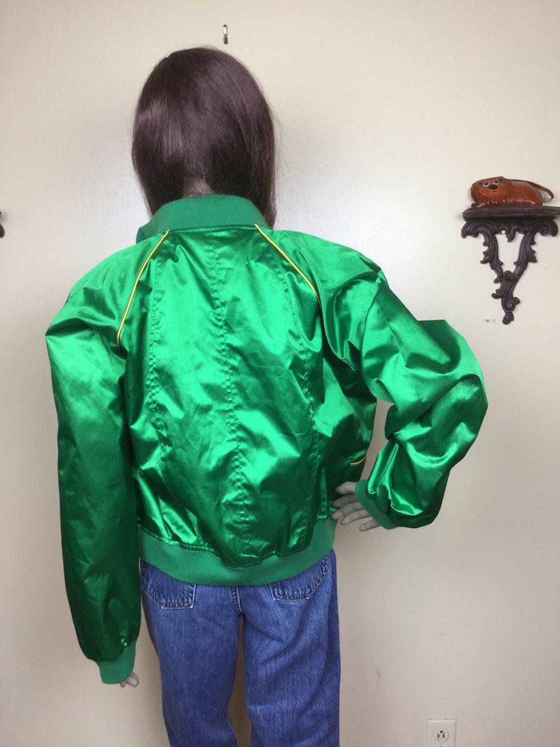 Satin Bomber Jacket Green 80s Baseball Jacket, Vintage 70s Coach Shiny ...