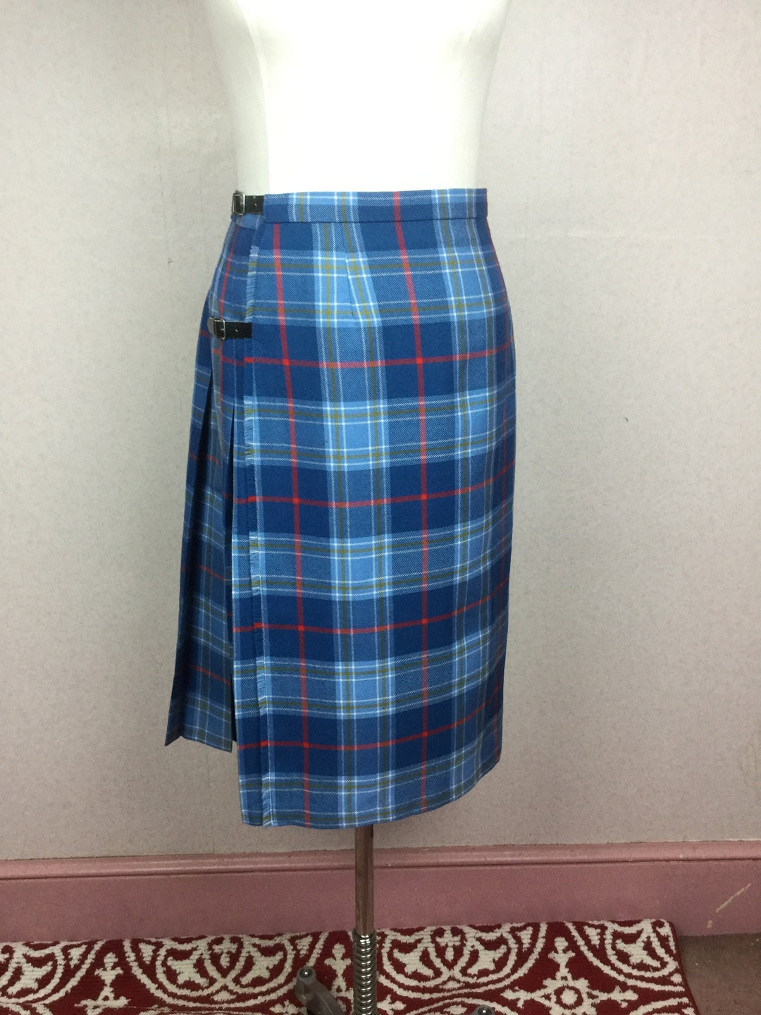 Vintage 80s Kilt Tartan Sky Blue Wool ,irish Buckle Closure Small ...